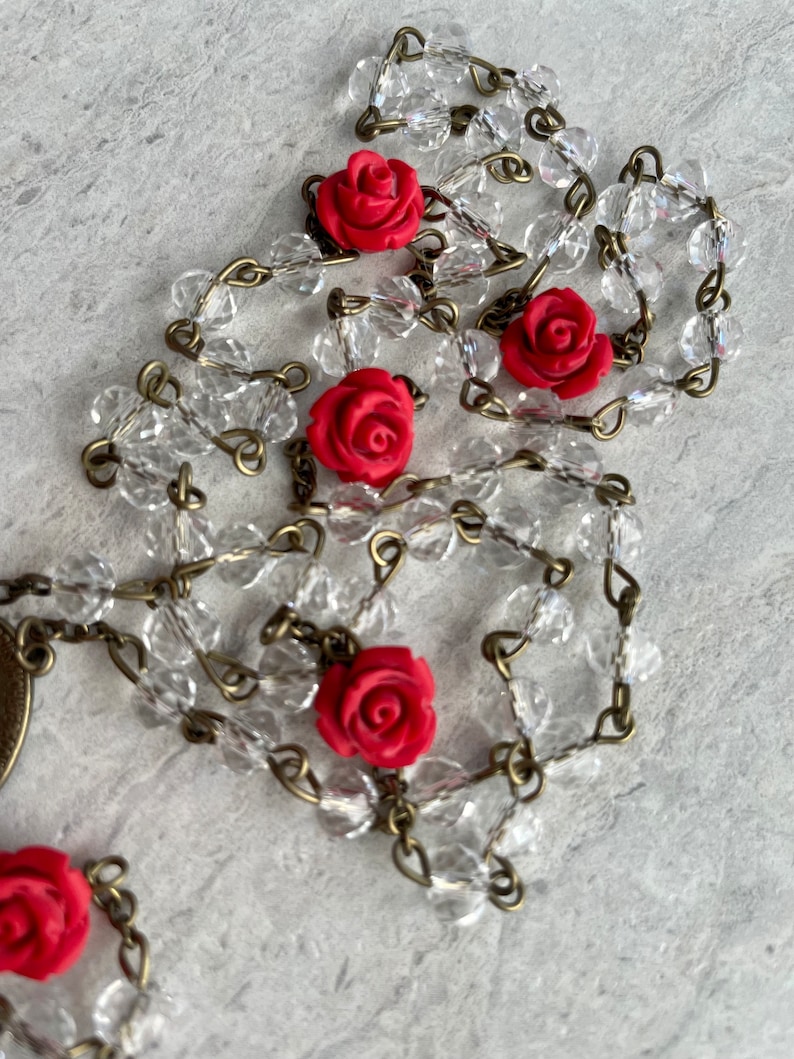 Handcrafted Catholic Prayer Rosary. Red Rose and Crystal Beads With ...