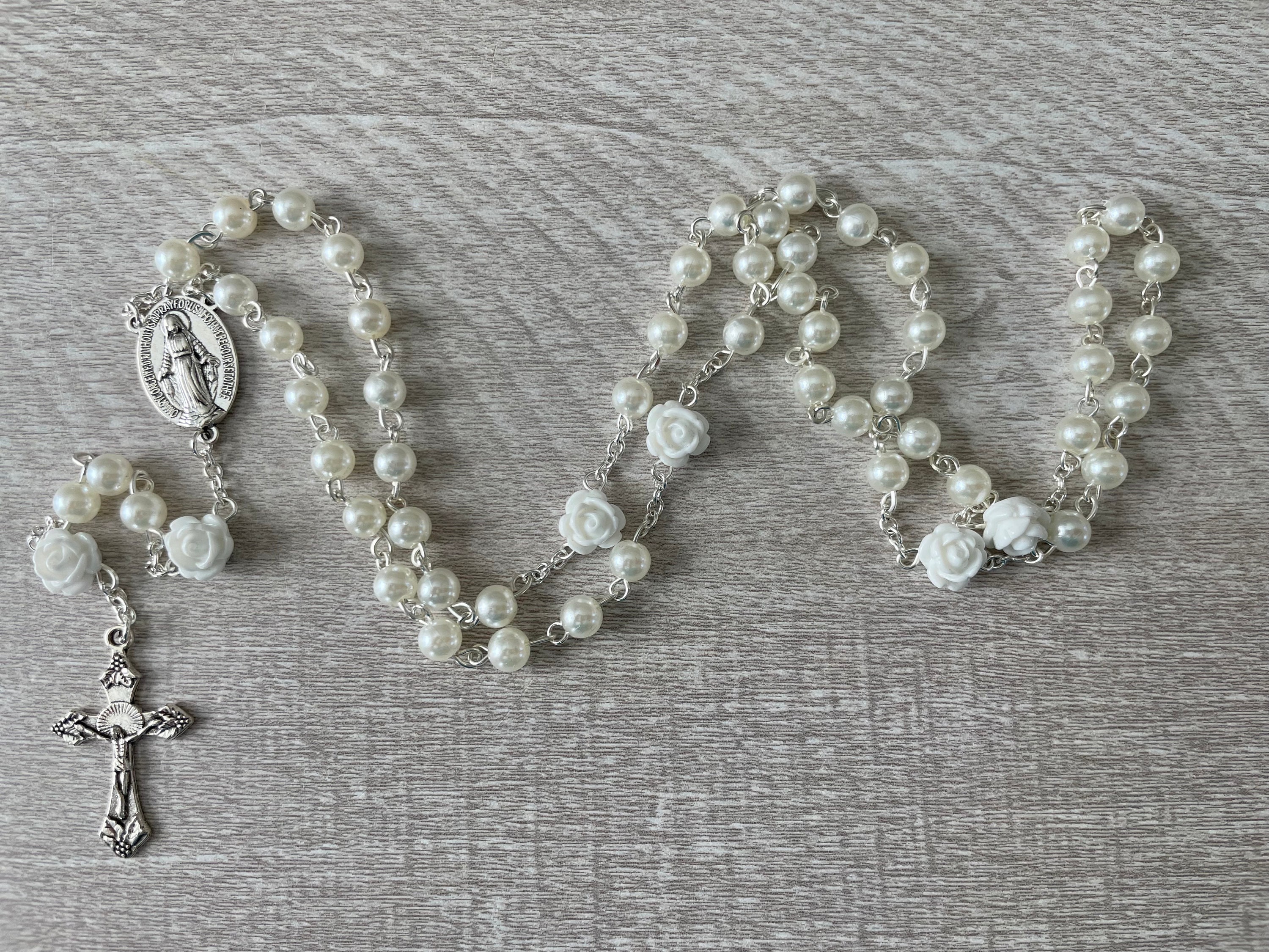 Catholic Prayer Rosary. White Faux Pearls With Roses, Silver Crucifix ...