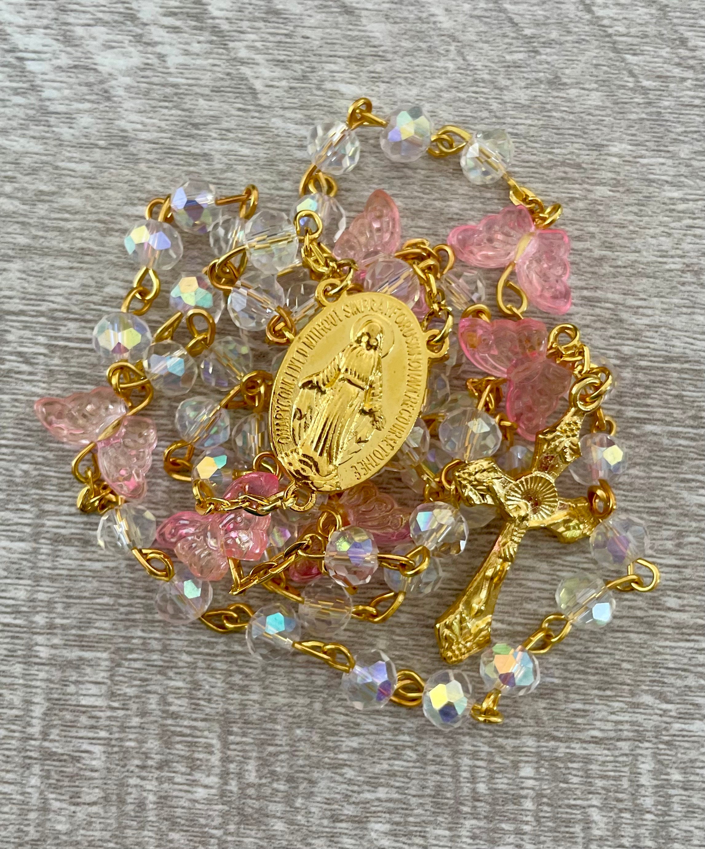 Handcrafted Prayer Rosary. Pink Butterfly Beads, Clear Crystals, Gold ...