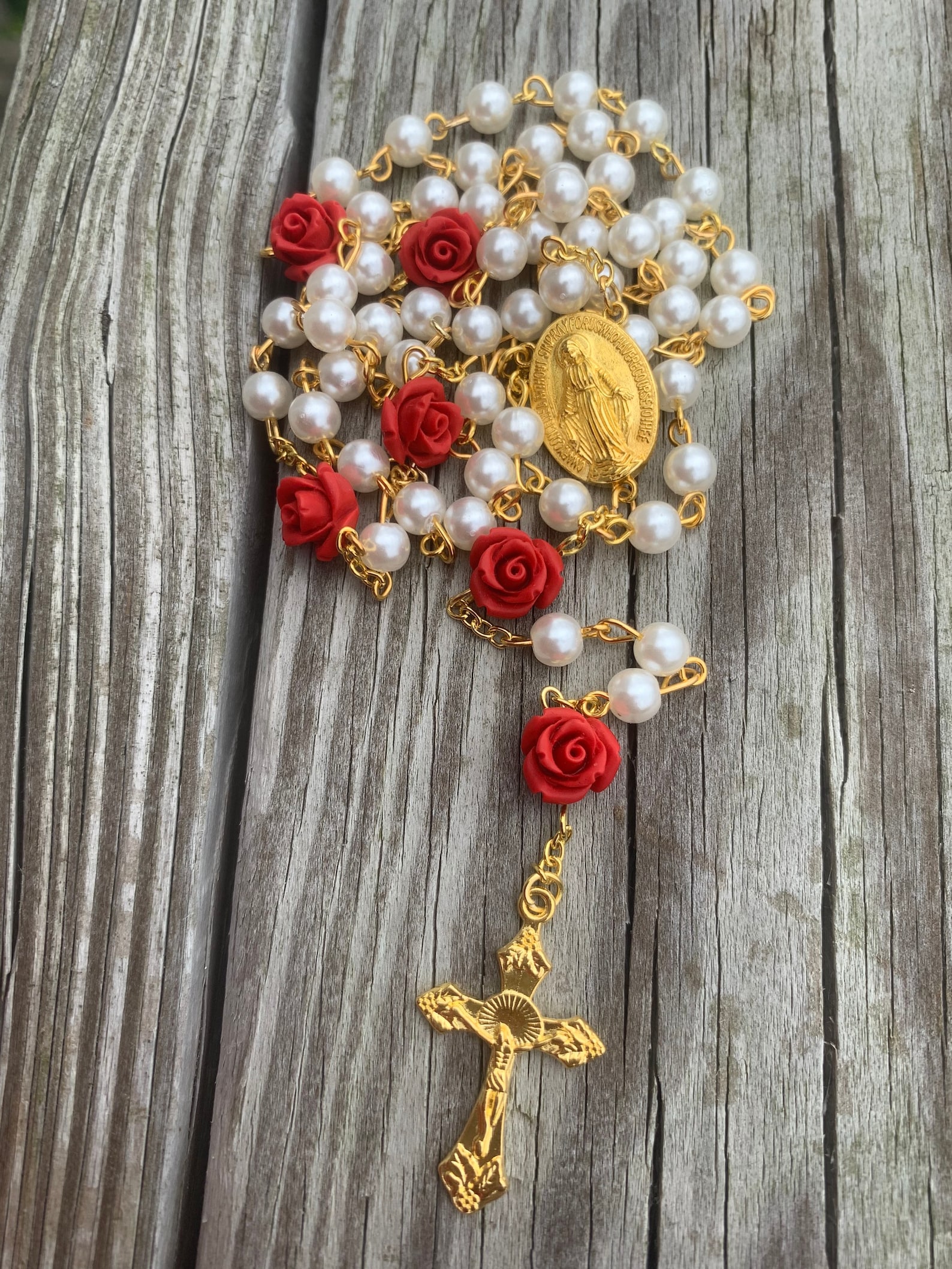Beautiful Handcrafted Prayer Rosary. Made With Red Rose Beads, Pearls ...