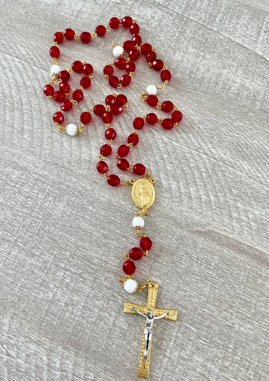 Handcrafted Catholic Prayer Rosary. Red and White Glass Czech Beads ...