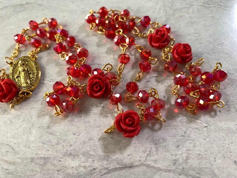 Handcrafted Prayer Rosary. Red crystals with Red rose beads | Etsy