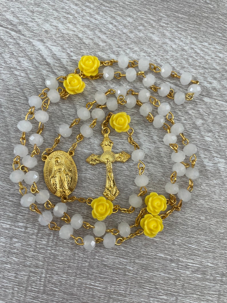 Handcrafted Catholic Prayer Rosary. Opal Crystals, Yellow Rose Beads ...