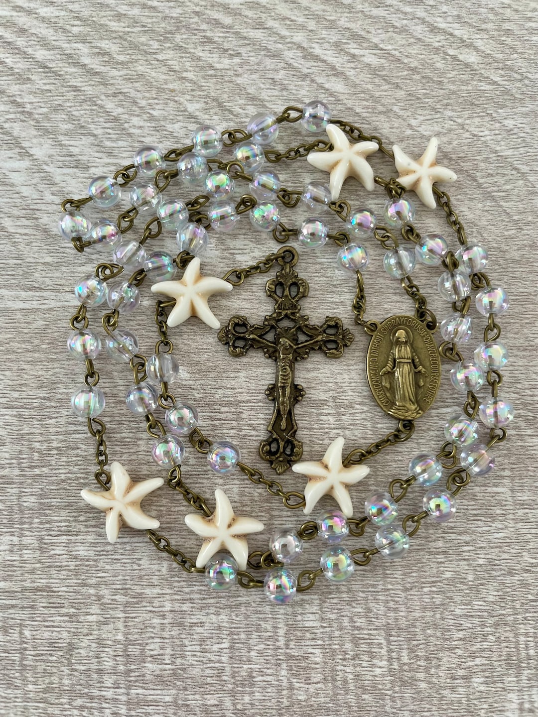 Handcrafted Catholic Prayer Rosary. Clear Crystals and Starfish Accent ...
