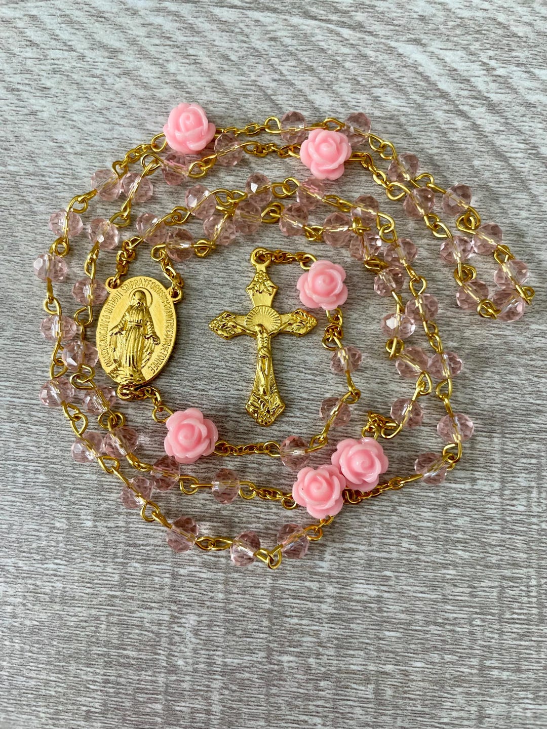 Handcrafted Catholic Prayer Rosary. Pink Crystals, Pink Rose Beads ...