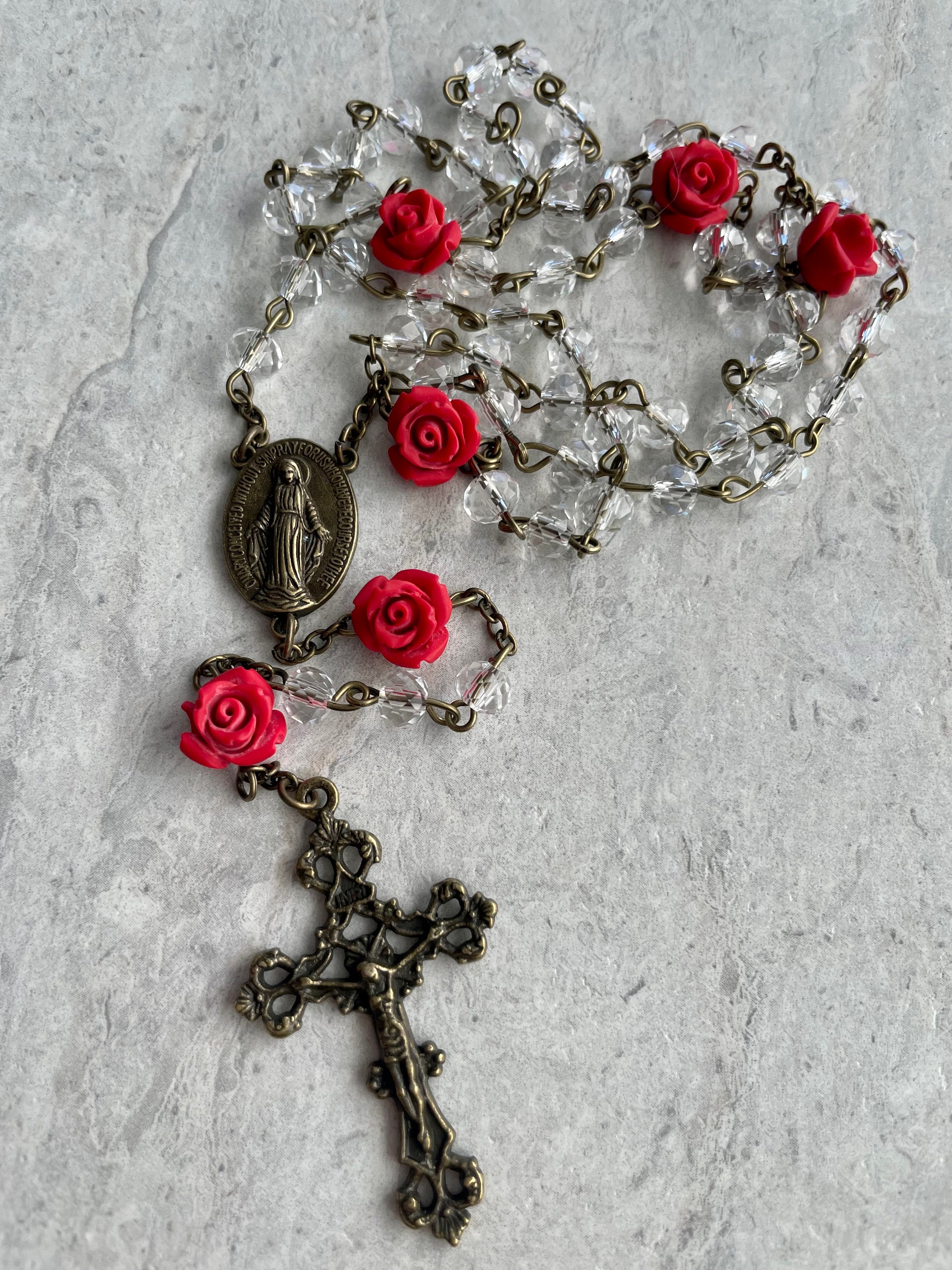 Handcrafted Catholic Prayer Rosary. Red Rose and Crystal Beads With ...