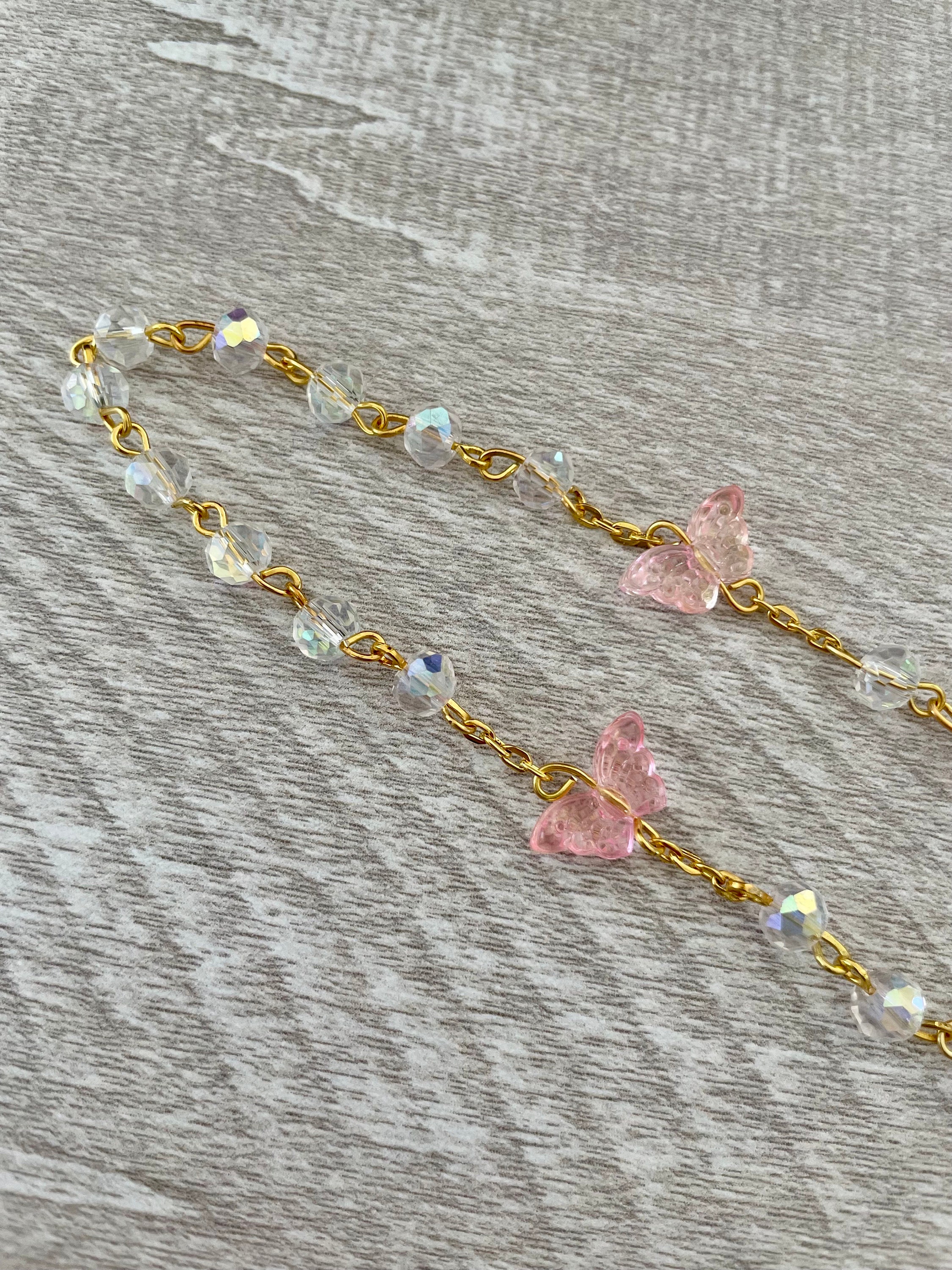 Handcrafted Prayer Rosary. Pink Butterfly Beads, Clear Crystals, Gold ...