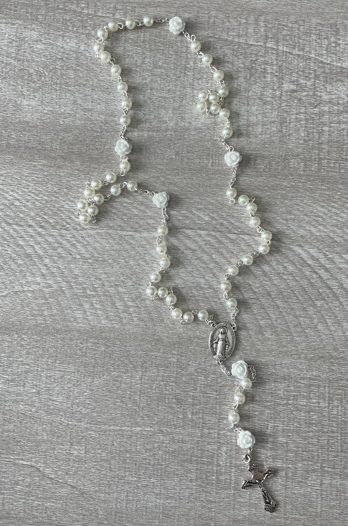 Catholic Prayer Rosary. White Faux Pearls With Roses, Silver Crucifix ...