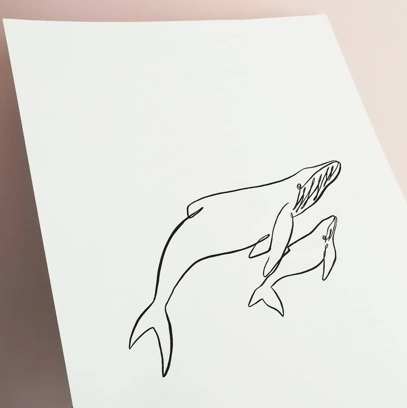 Single Line Drawing, Blue Whales, Minimal Print Design for Home Decor ...
