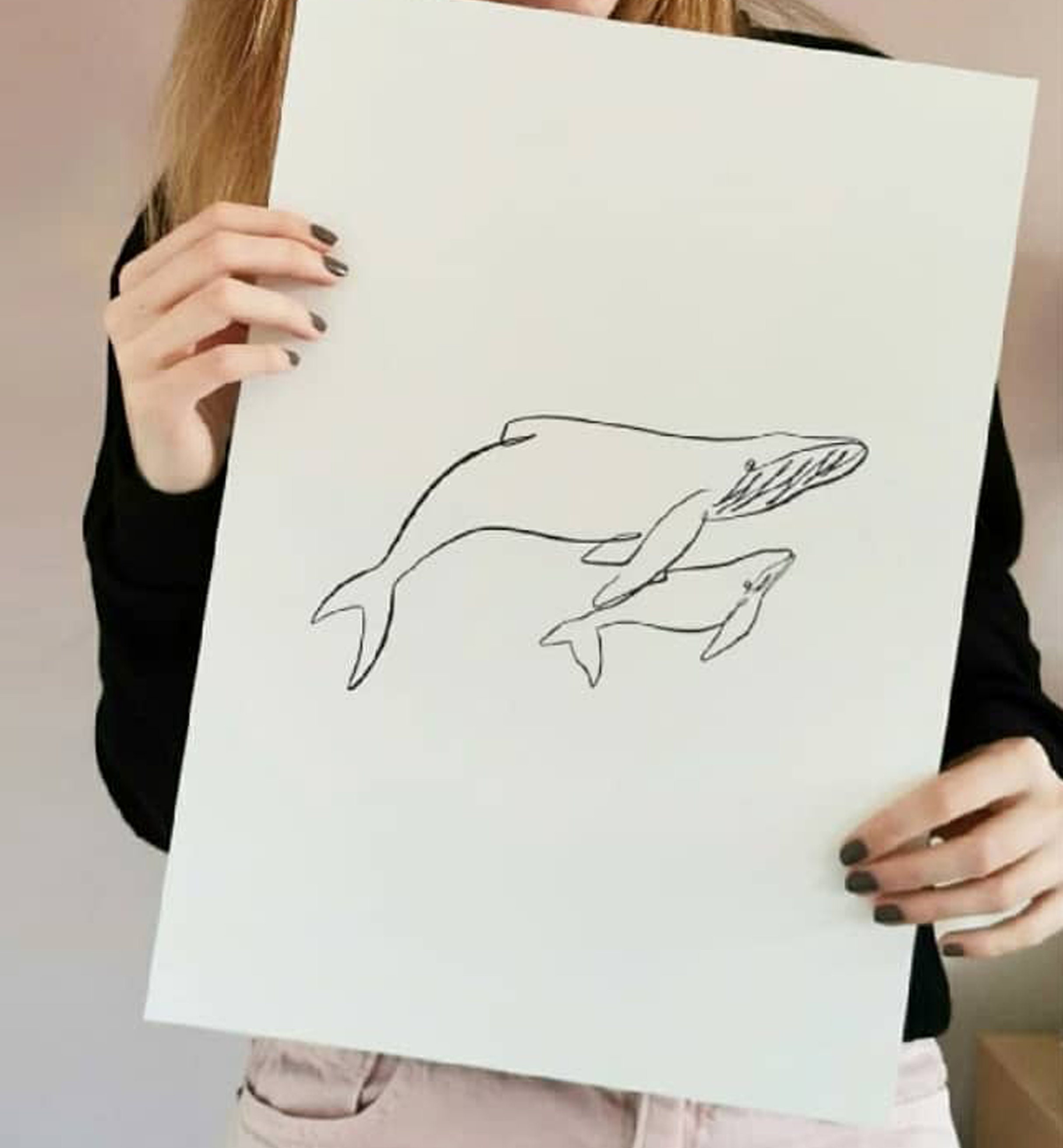 Single Line Drawing, Blue Whales, Minimal Print Design for Home Decor ...