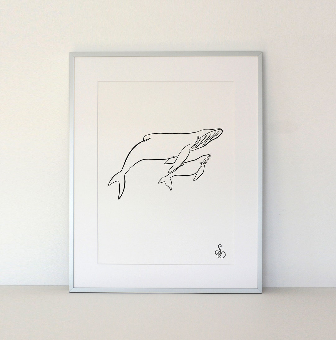 Single Line Drawing, Blue Whales, Minimal Print Design for Home Decor ...