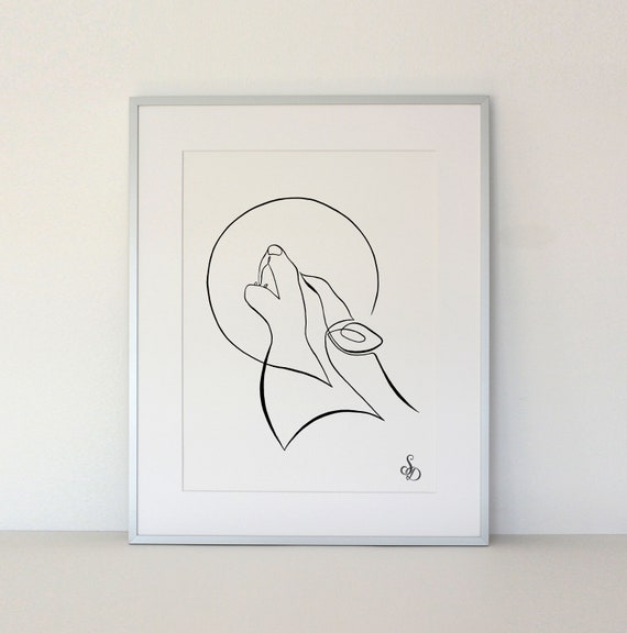 Single line drawing Wolf at full moon minimal print design | Etsy