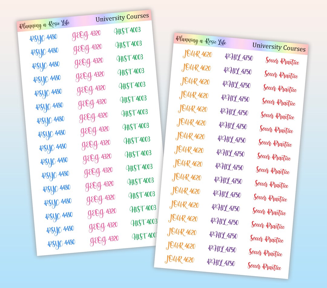 Customized University Course Script Stickers, College Courses ...