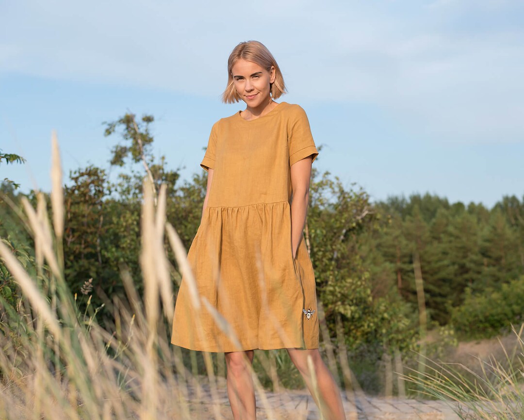 Linen Dress MILA / Midi Linen Dress / Mustard Color Linen Dress ...