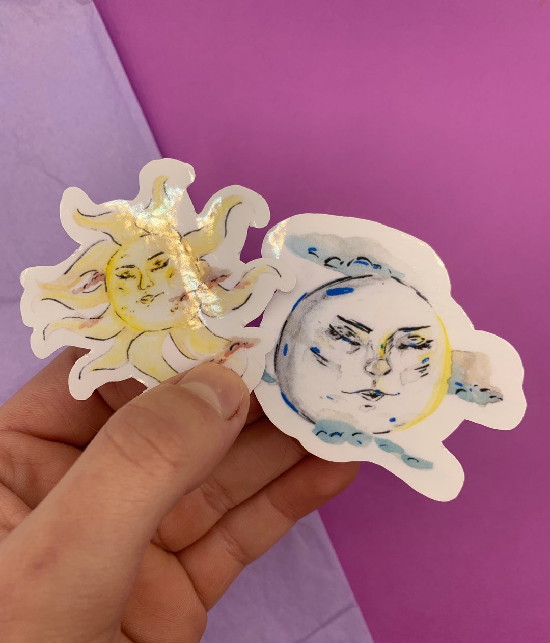 Sun and Moon Sticker Set, Watercolor Sticker, Waterproof Vinyl Stickers ...