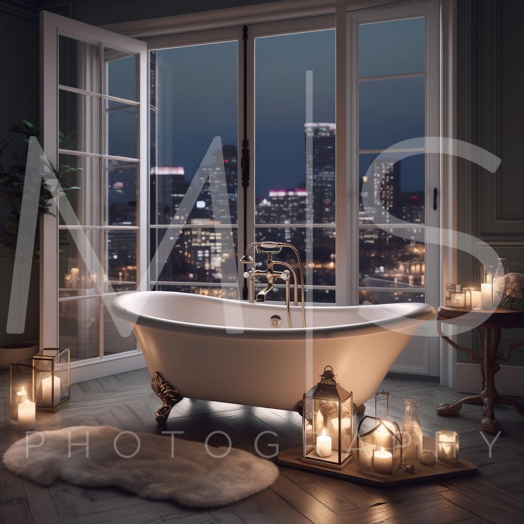 City Skyline Bathtub Night Digital Background Candle Lit City Skyline ...
