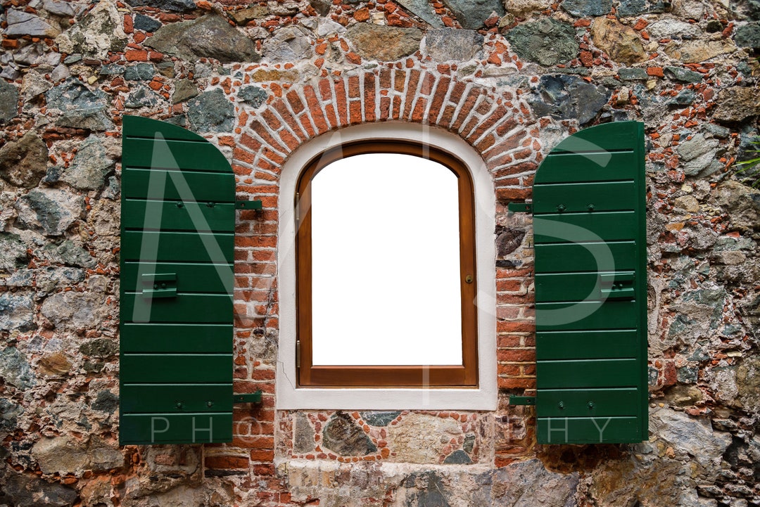 Cobblestone Peek Through Window With Green Shutters 1 Digital ...