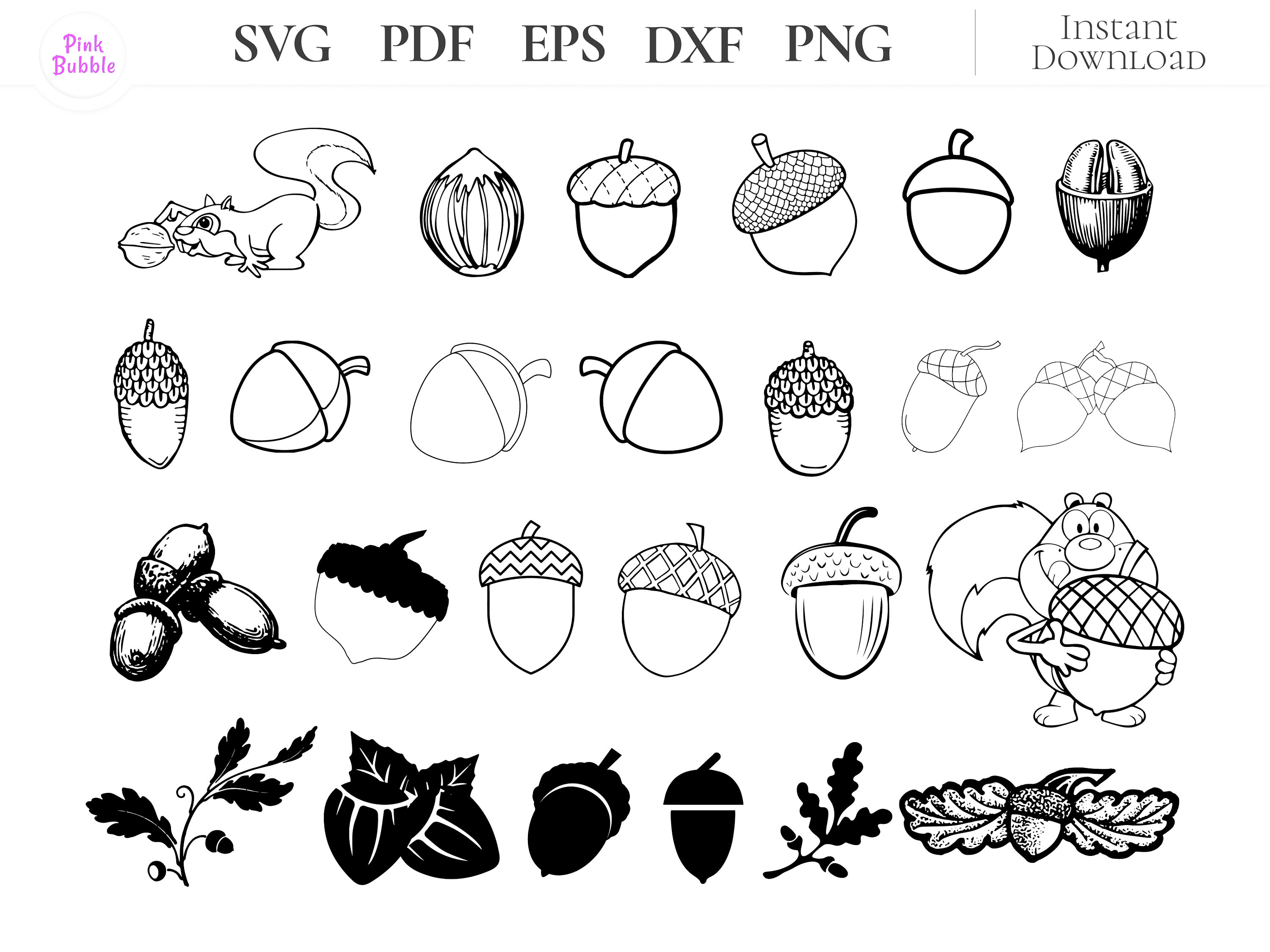 Acorn SVG Bundle, Squirrel and Woodland Nut Clipart, Oak Tree and Acorn ...