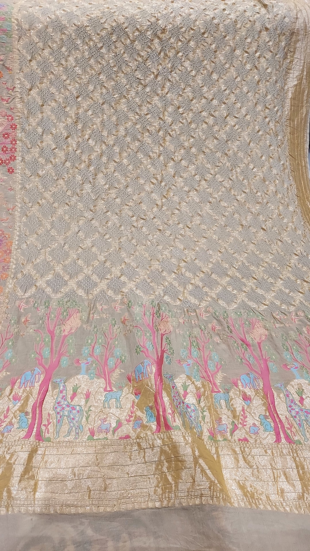 Ivory Silk Bandhani Saree: Handloom Zari Weave, Animals Trees Weaved ...