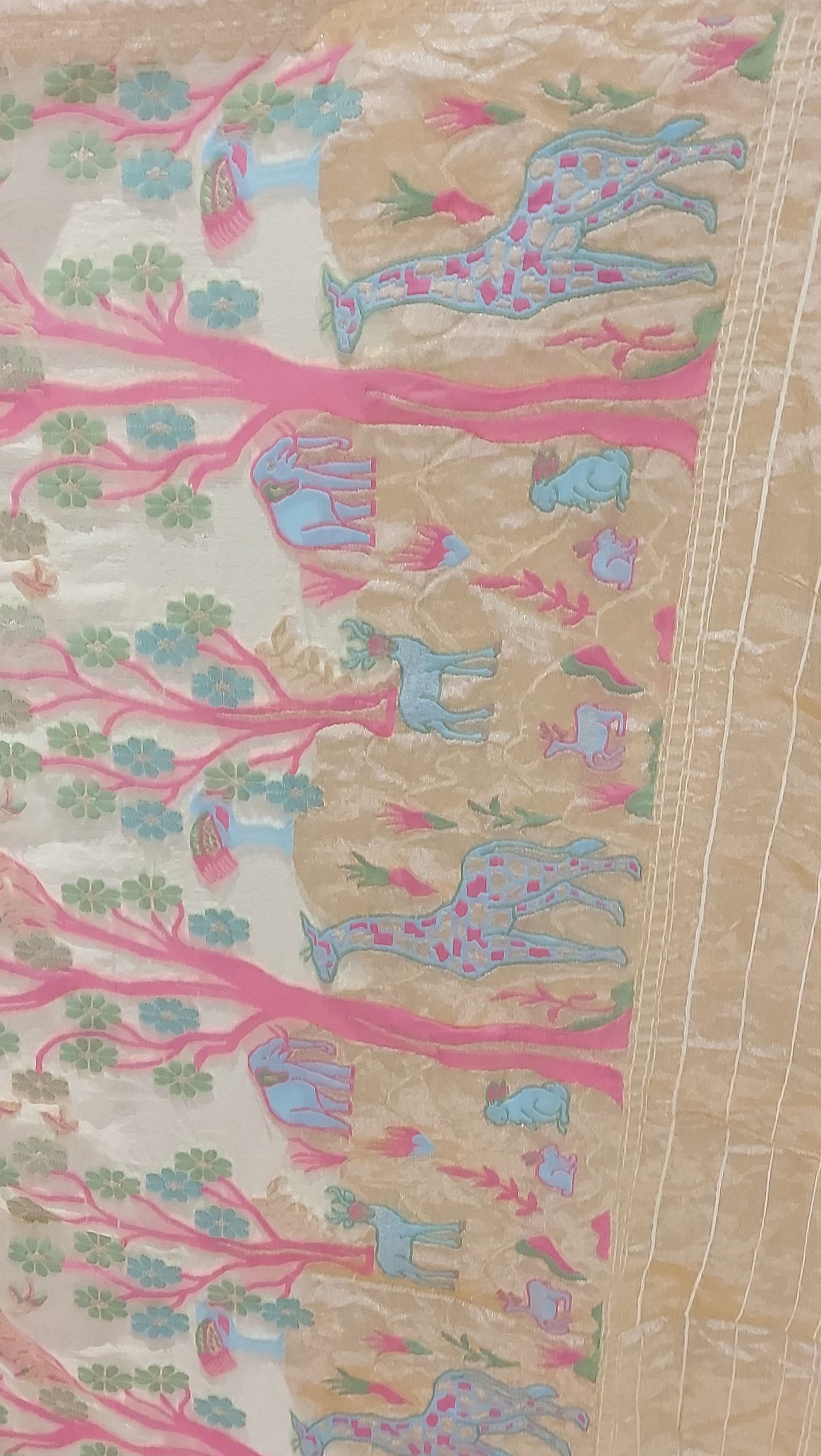 Ivory Silk Bandhani Saree: Handloom Zari Weave, Animals Trees Weaved ...