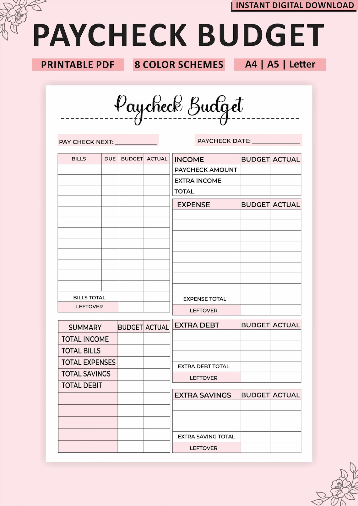 Paycheck Budget Printable Planner, Paycheck Breakdown Template ...