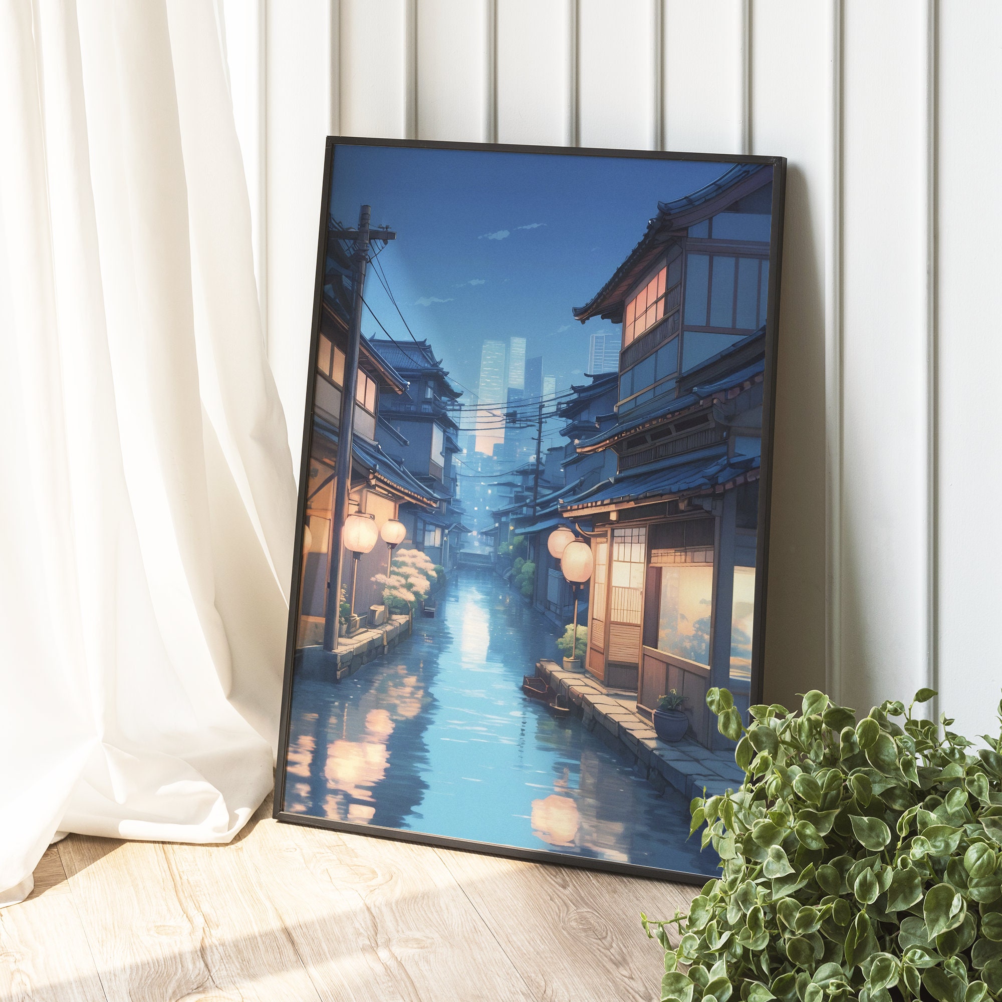 Blue Dusk Country Side Japan Poster, Water Theme Modernized Ukiyoe ...