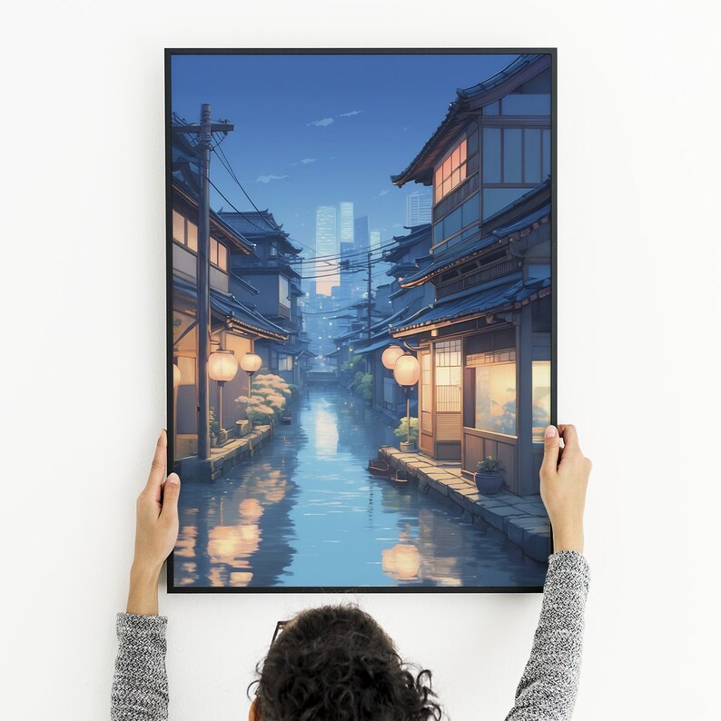 Blue Dusk Country Side Japan Poster, Water Theme Modernized Ukiyoe ...