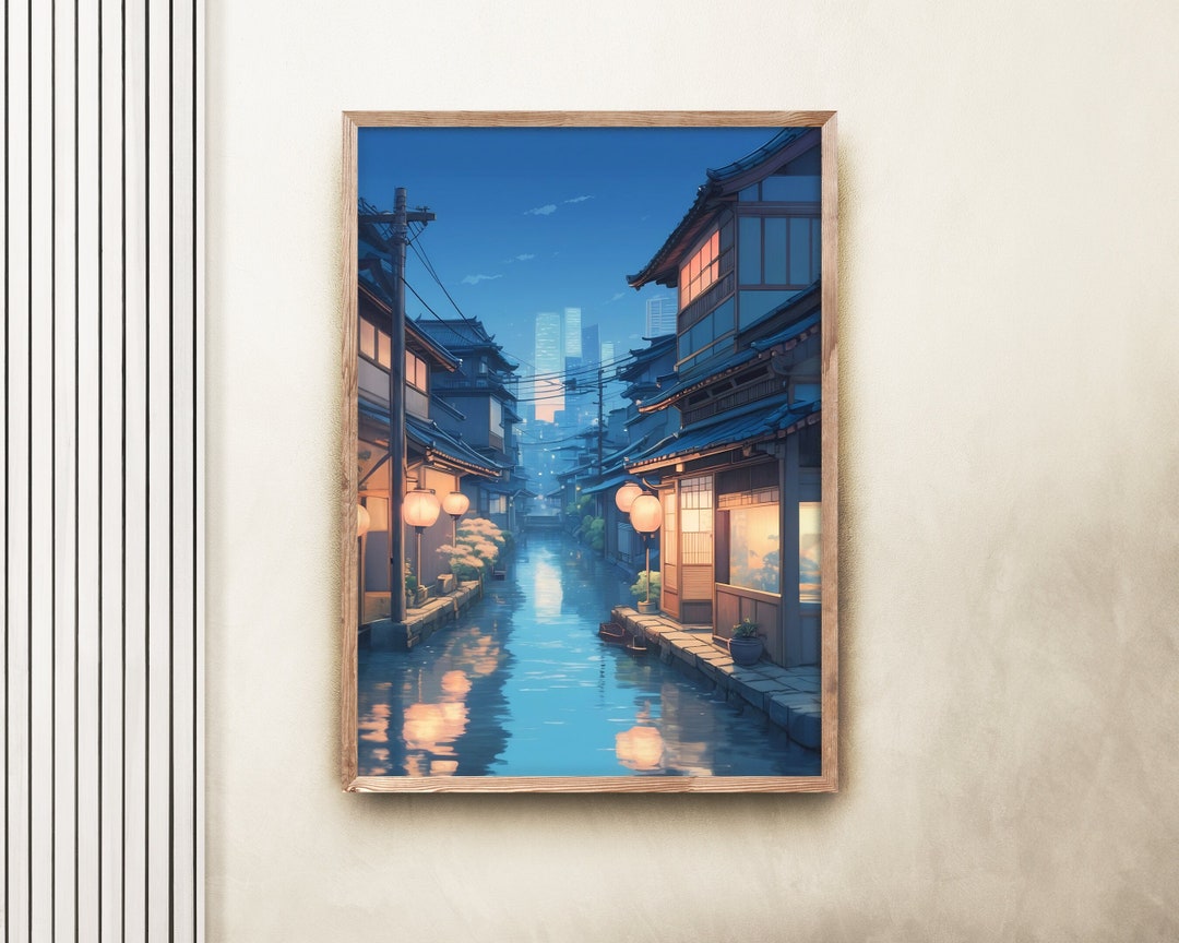 Blue Dusk Country Side Japan Poster, Water Theme Modernized Ukiyoe ...
