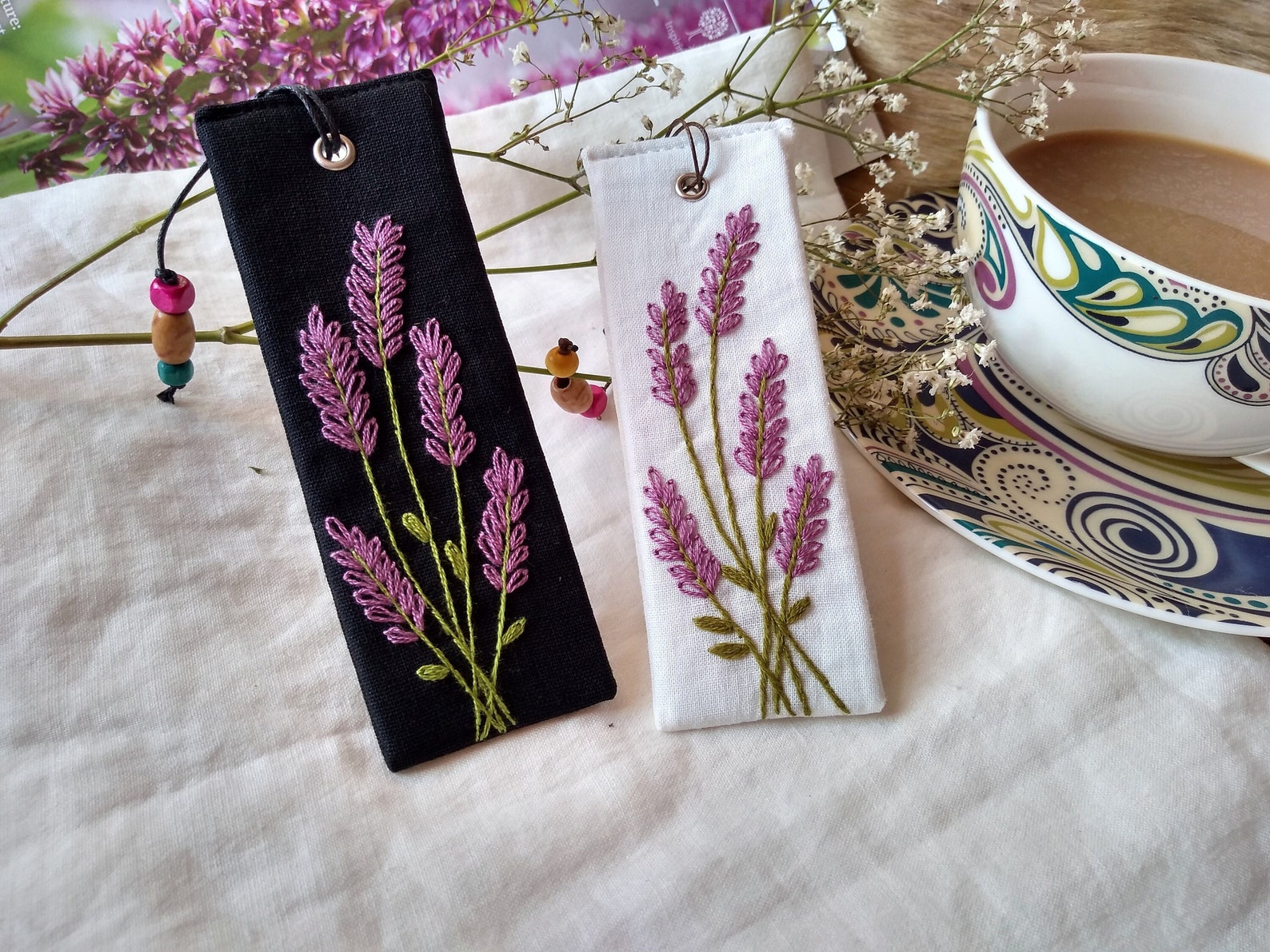 Hand Embroidered Lavender Linen Bookmark With Lavender - Etsy UK