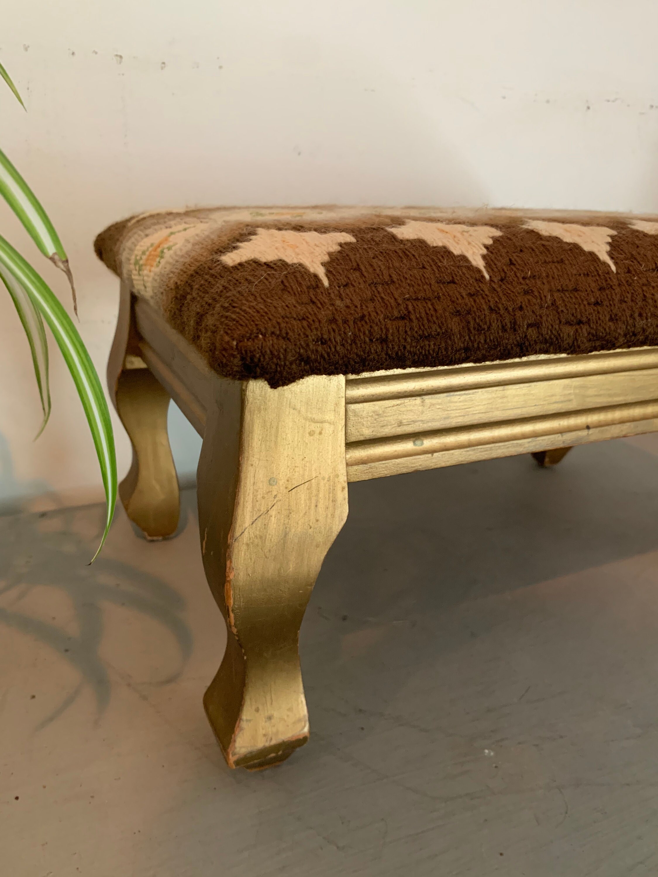 Vintage Petite Stool Gold With Handmade Cushion Crewel - Etsy