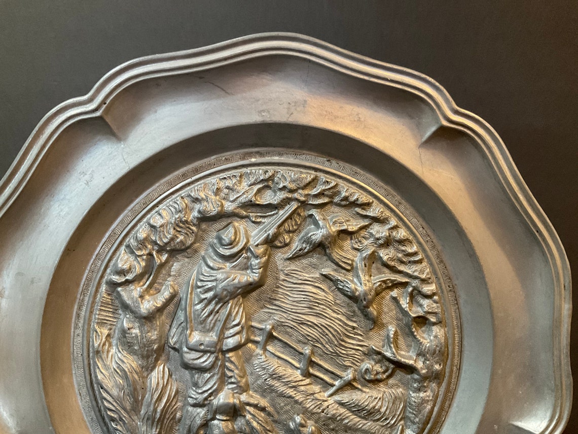 Hunter With Dogs German Embossed Pewter Plate Angel Mark Hunting Dog ...