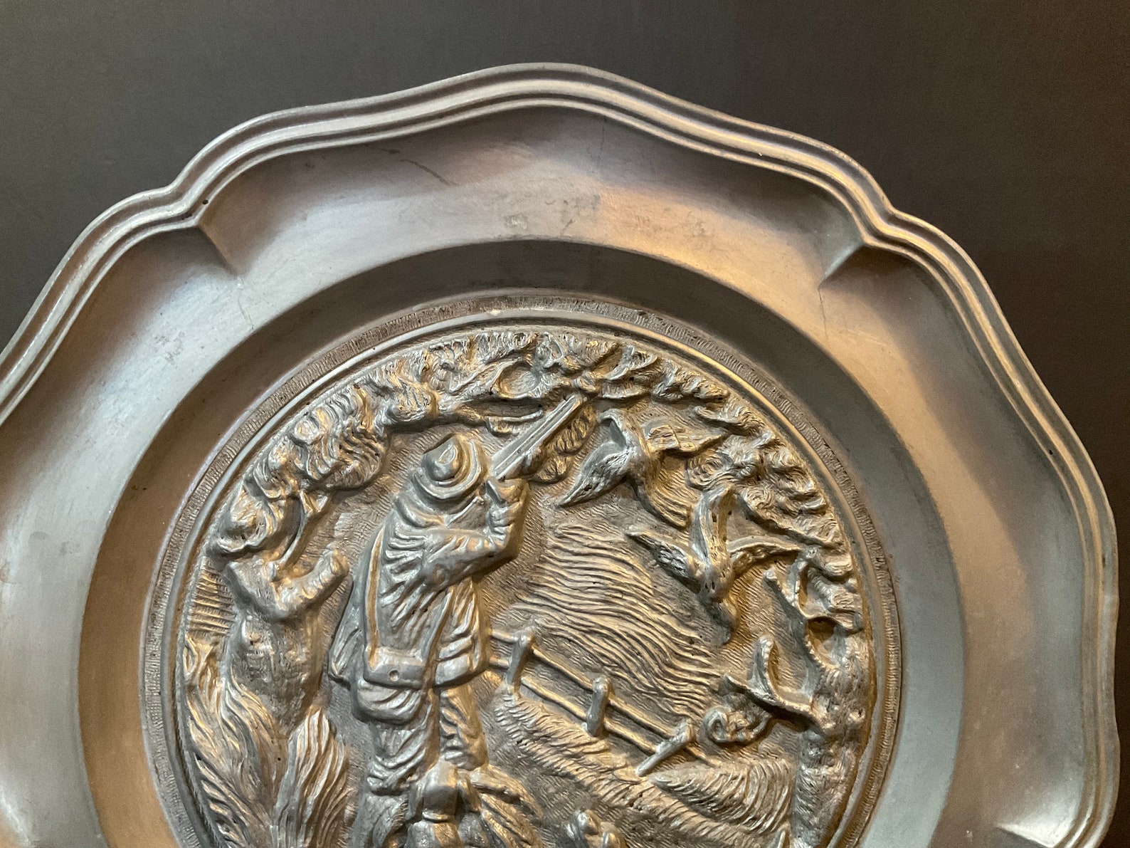 Hunter With Dogs German Embossed Pewter Plate Angel Mark Hunting Dog ...