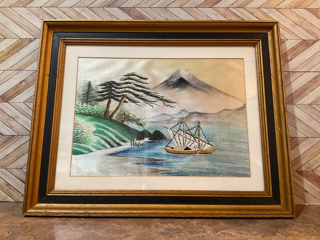 Japanese Tapestry Woven Silk Picture Boats by Sea Shore, Tapestry Silk ...
