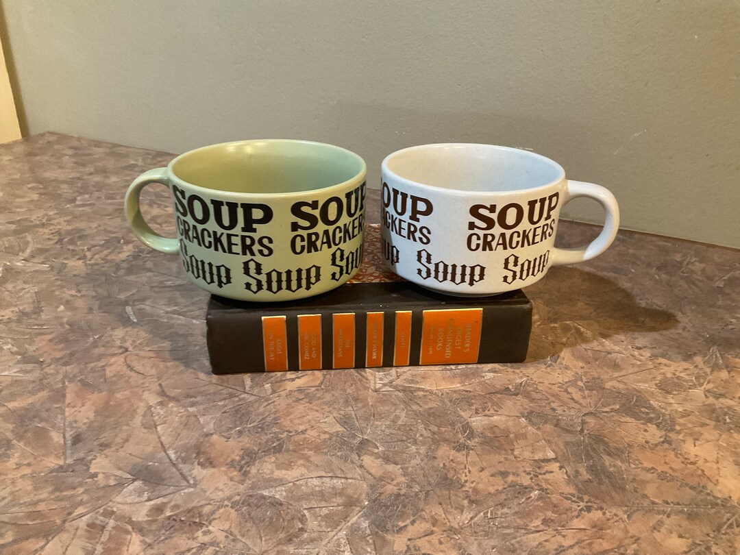 70's Ceramic Soup Mug Bowls With Handle 2 Soup and Crackers OVERSIZED ...
