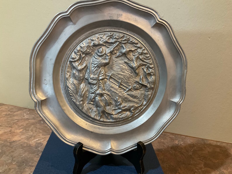Hunter With Dogs German Embossed Pewter Plate Angel Mark Hunting Dog ...