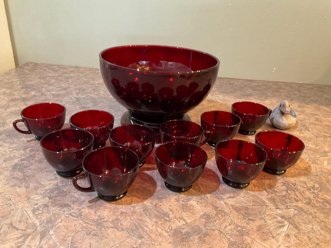 Royal Ruby Red Punch Bowl Set by Anchor Hocking, Bowl, Stand, and 11 ...
