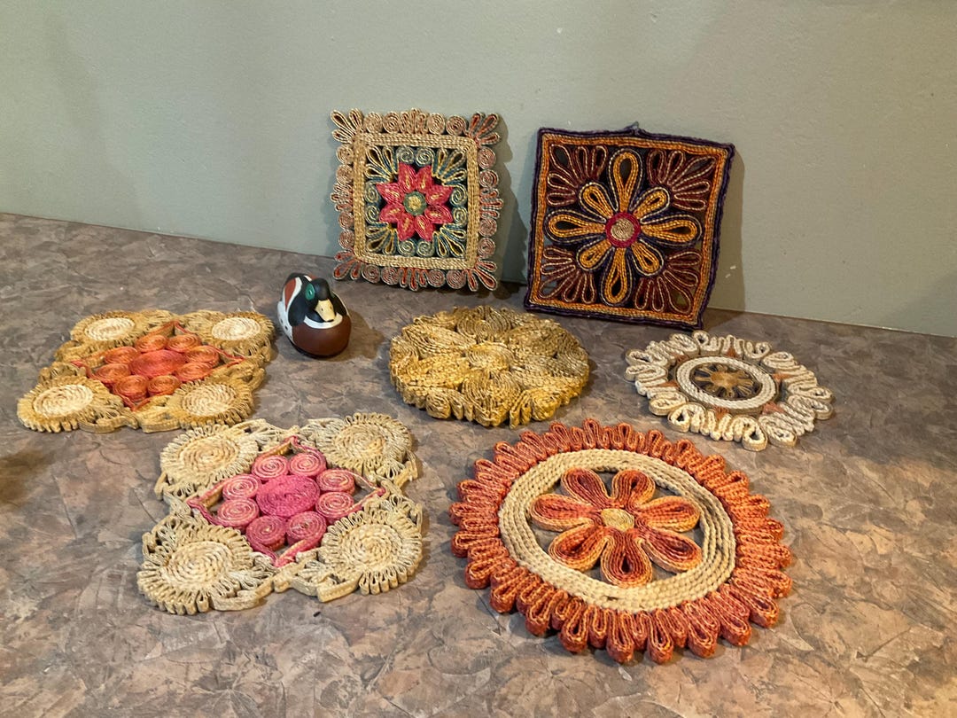 Straw Raffia Trivet Set, Braided Grass Trivet Set, Colorful Rainbow ...