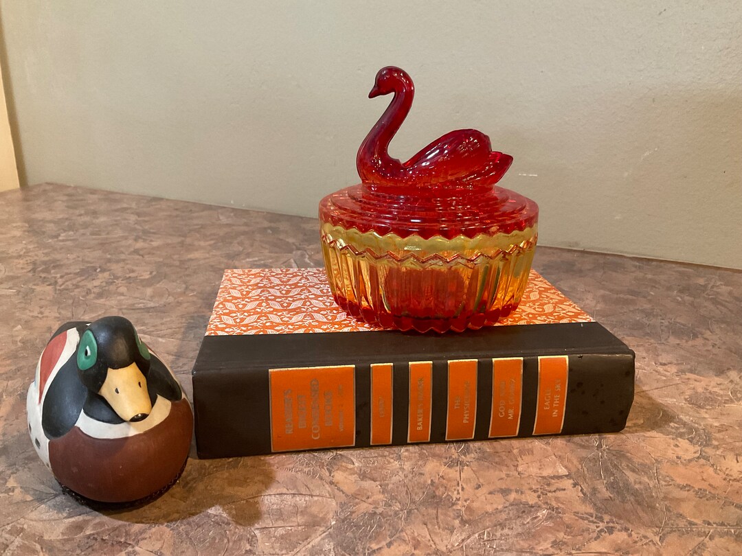 Jeanette Amberina Swan Powder Vanity Trinket Dish, Red and Yellow Glass ...