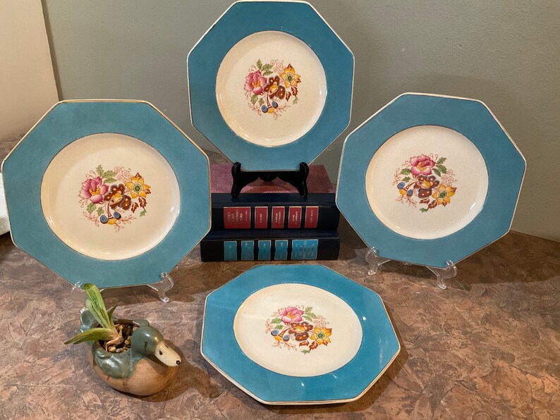REGAL Ware Blue Art DECO Handpainted, Octagon Plates, MCM, Retro Dish ...