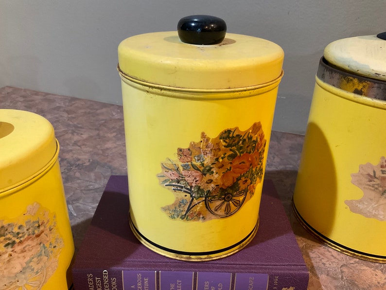 Tin 3-PC Canister Set With Decals, Retro Yellow Metal Canister Set ...