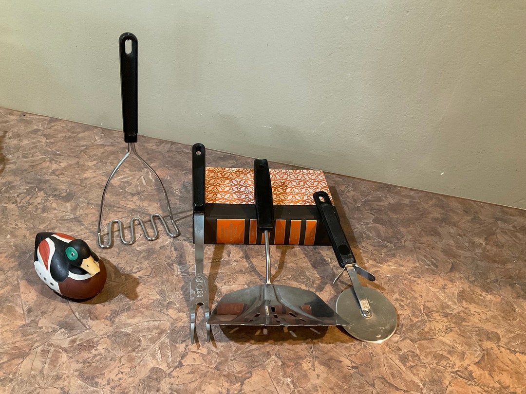 Foley Curved & Slotted Spatula Lifter Flipper, Ekco Potato Masher, and ...