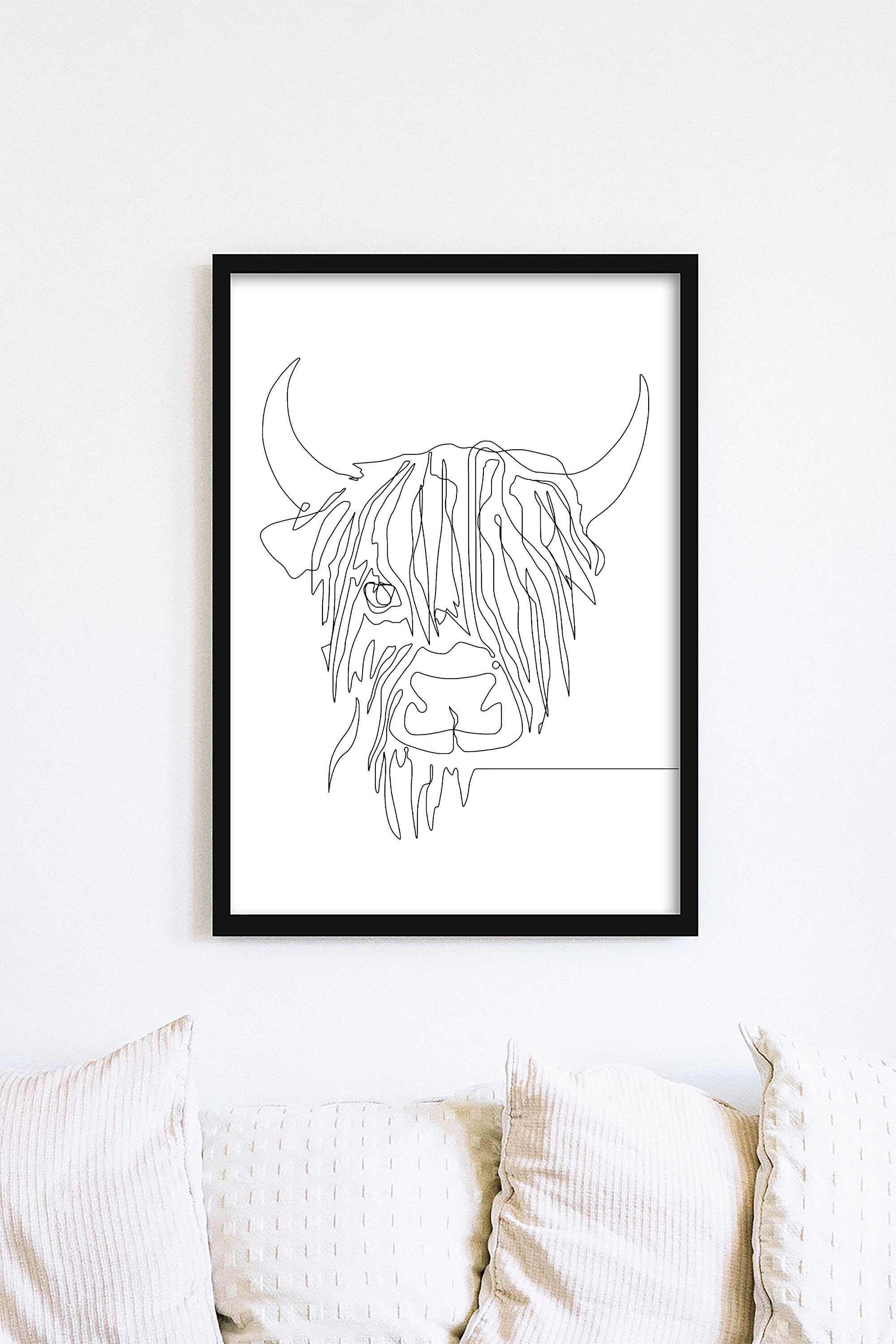 Highland Cow Line Drawing Art, Farmhouse Decor, Black and White Wall ...