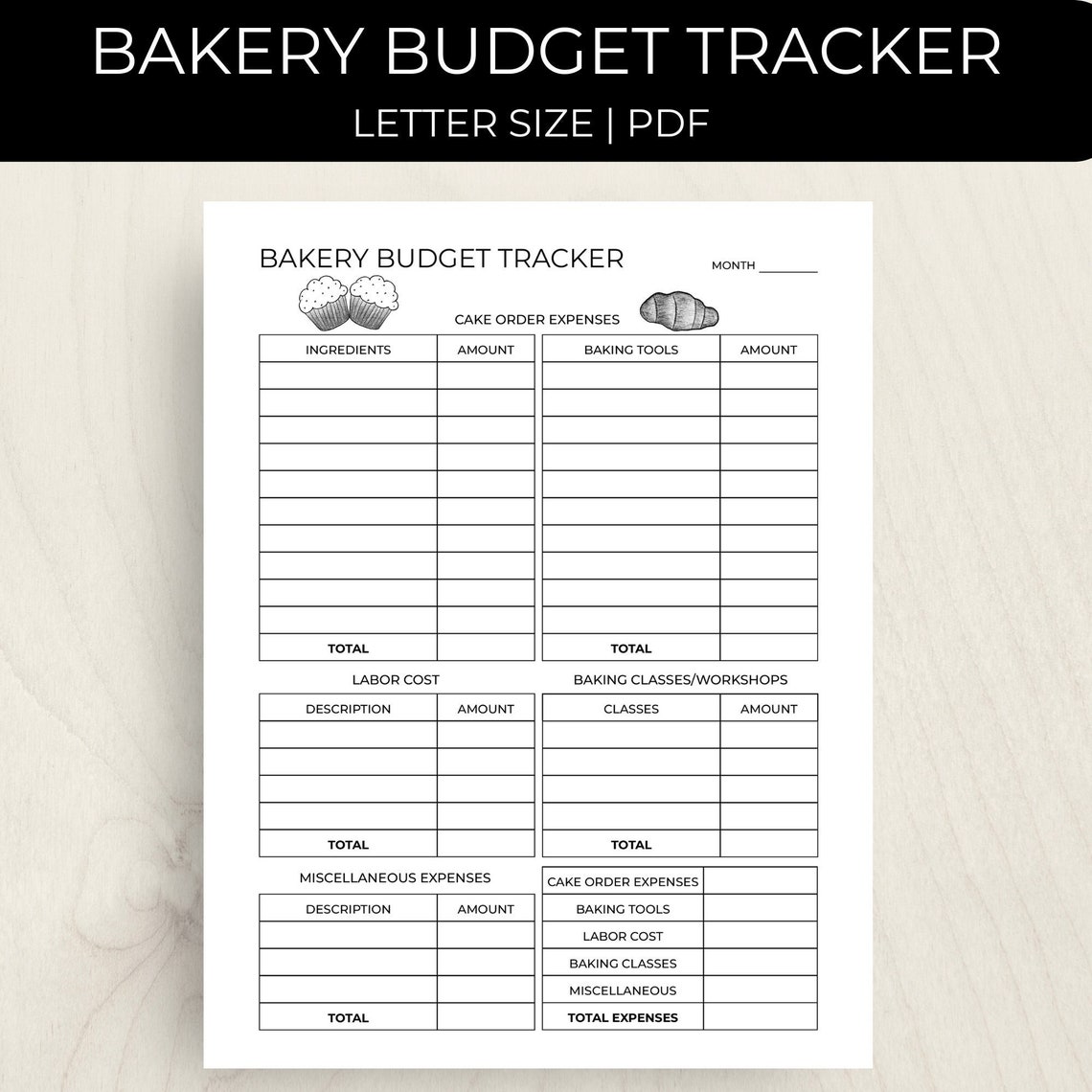 Bakery Budget Tracker Printable, Fillable Monthly Budget Planner ...