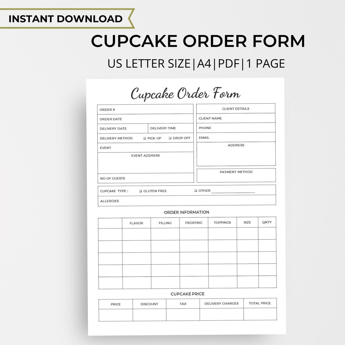 Fillable Cake Order Form, Cupcake Order Form, Bakery Planner, Fillable ...