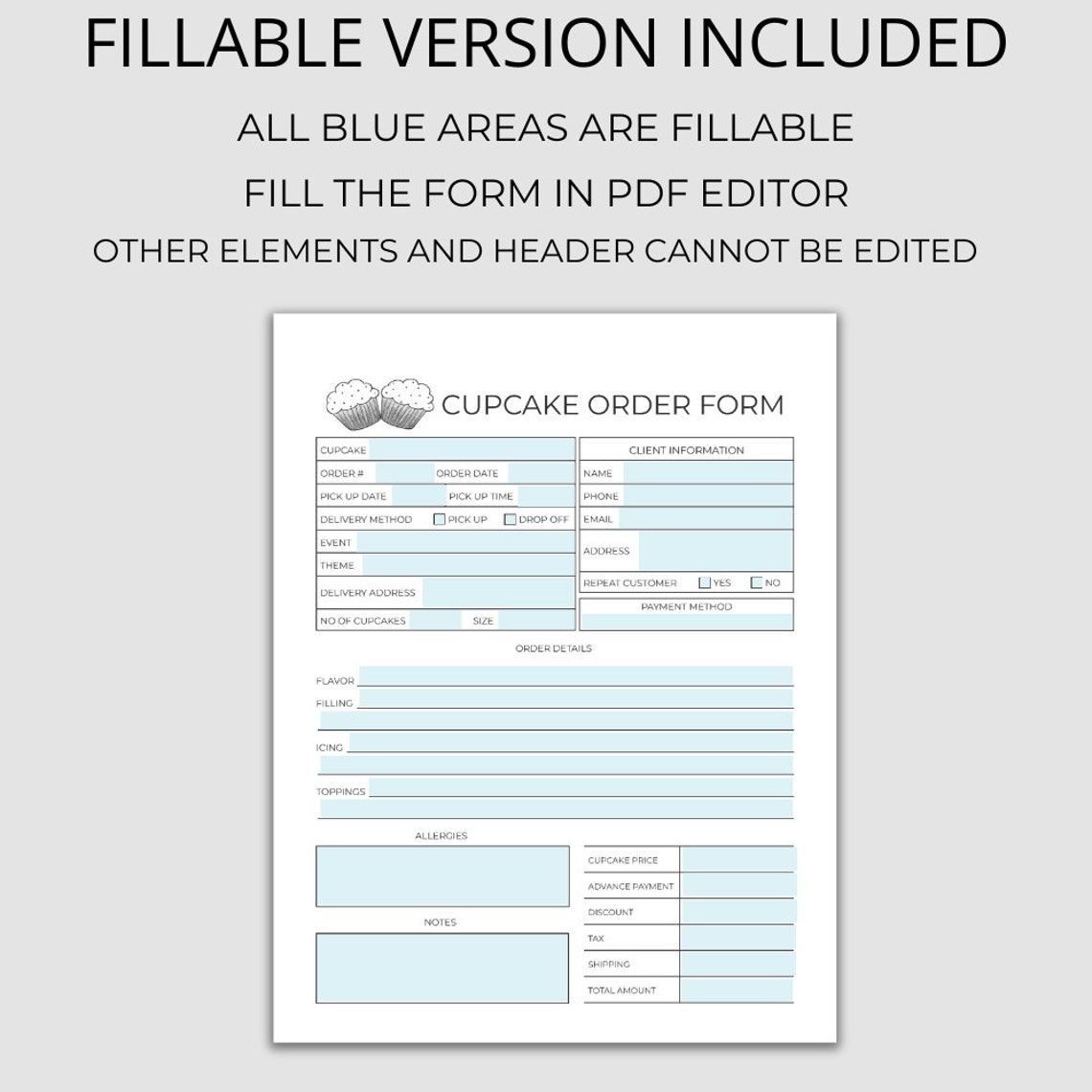 Cupcake Order Form, Fillable Order Form, Bakery Planner Printable ...