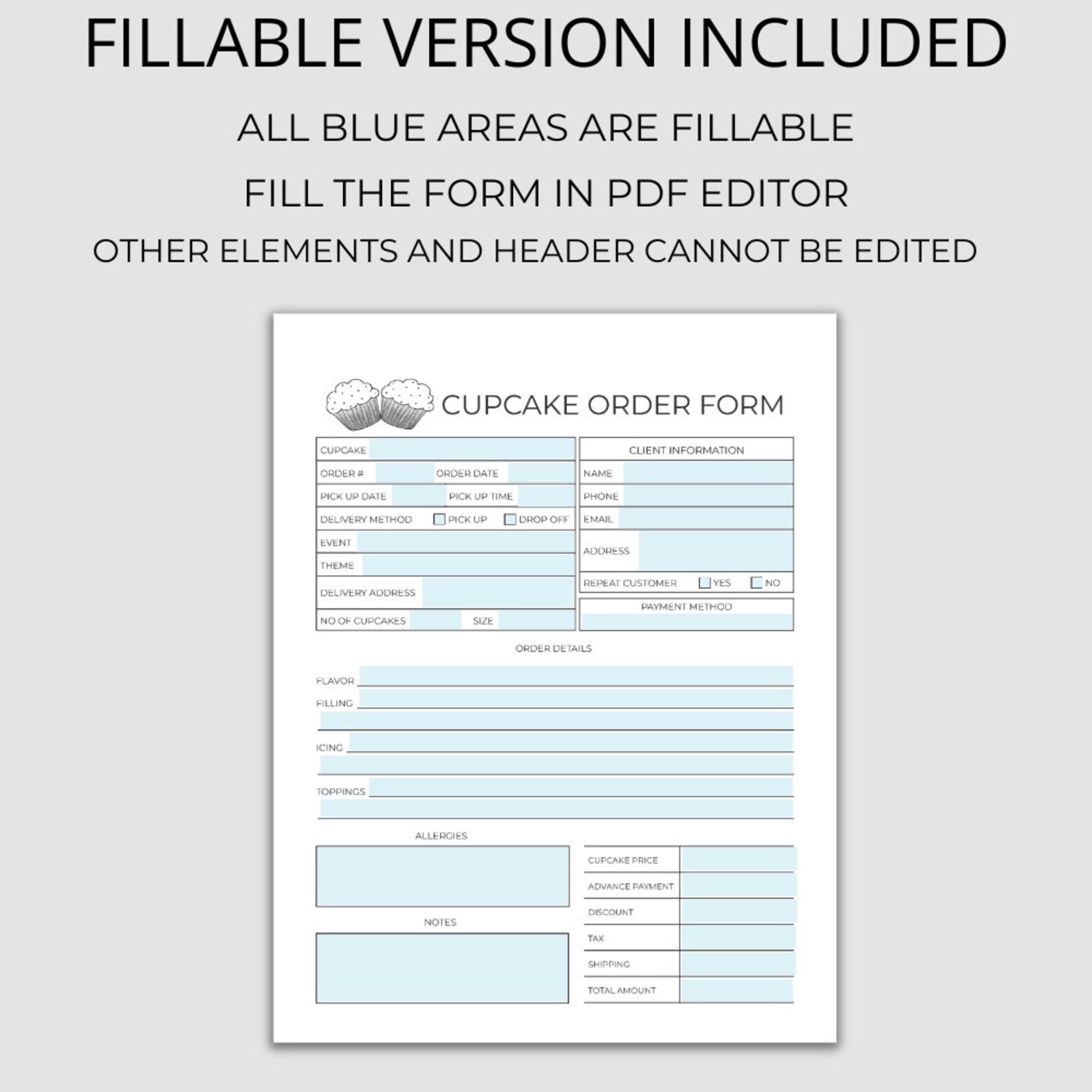 Cupcake Order Form, Fillable Order Form, Bakery Planner Printable ...