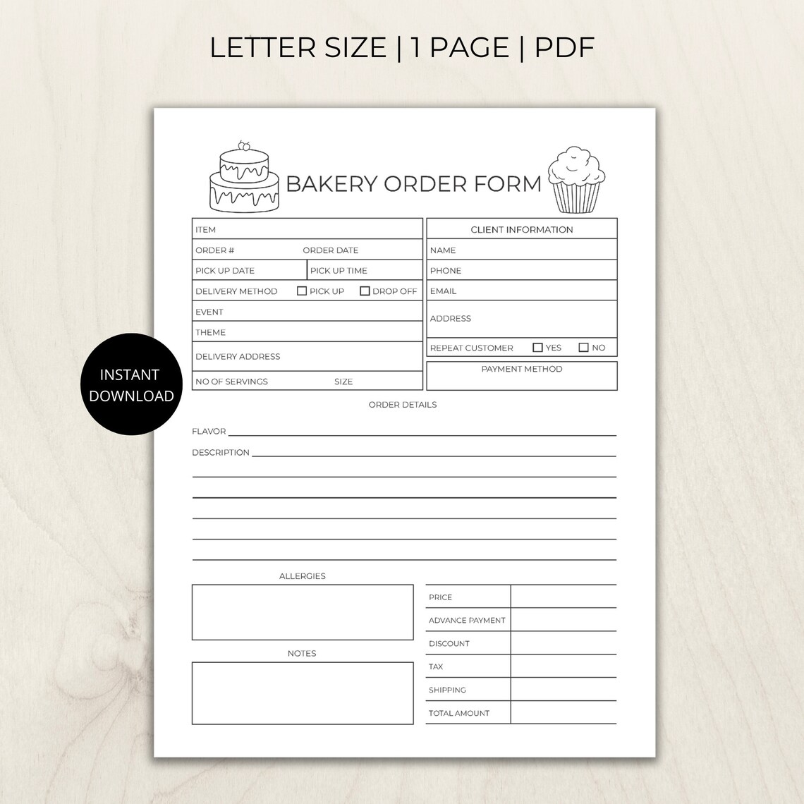 Bakery Order Form, Fillable Cake Order Form, Bakery Planner Printable ...