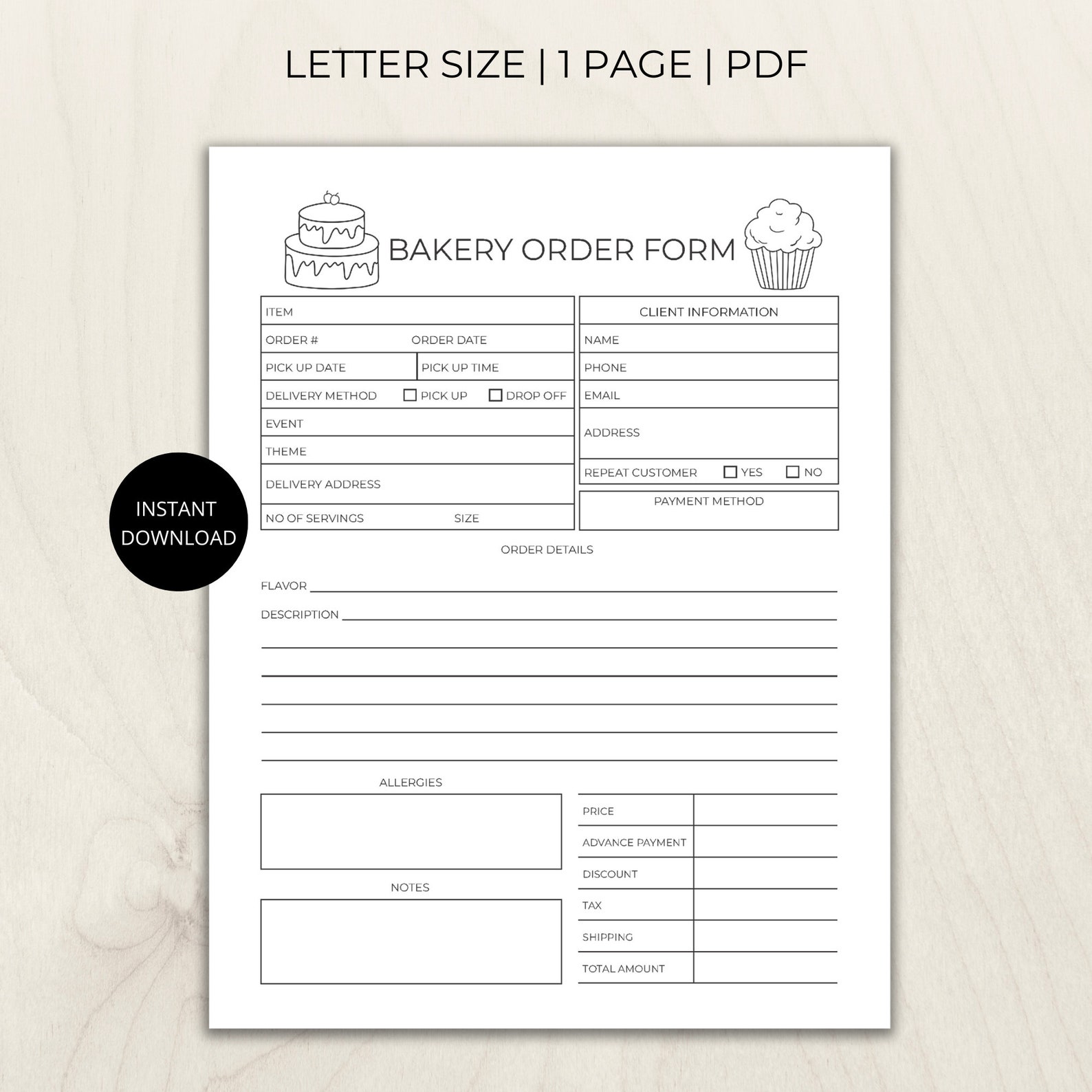 Bakery Order Form, Fillable Cake Order Form, Bakery Planner Printable ...