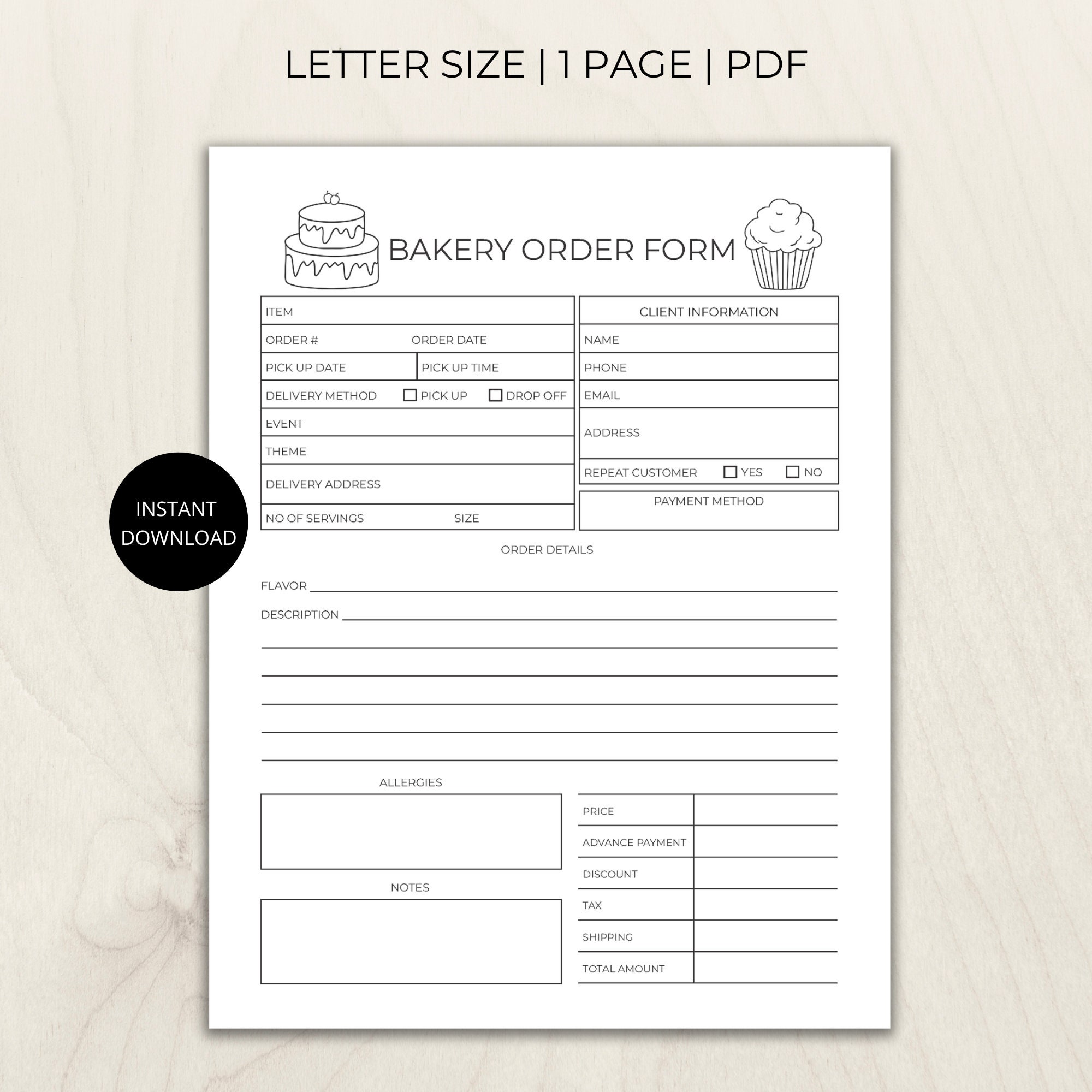 Bakery Order Form, Fillable Cake Order Form, Bakery Planner Printable ...