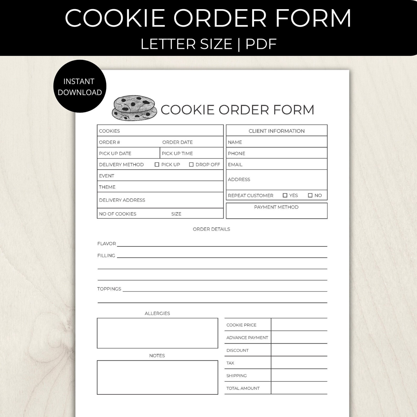 Cookie Order Form Fillable, Bakery Planner Printable, Cookie Order ...